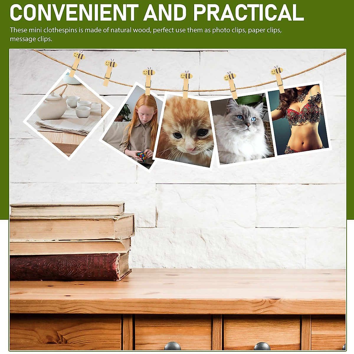 ABOOFAN 30Pcs Mini Clothespins with String Wooden Clothes Pins with Bee Photo Clips for Hanging Clip Photos, Clothes, Crafts, Arts Outdoor and Indoor