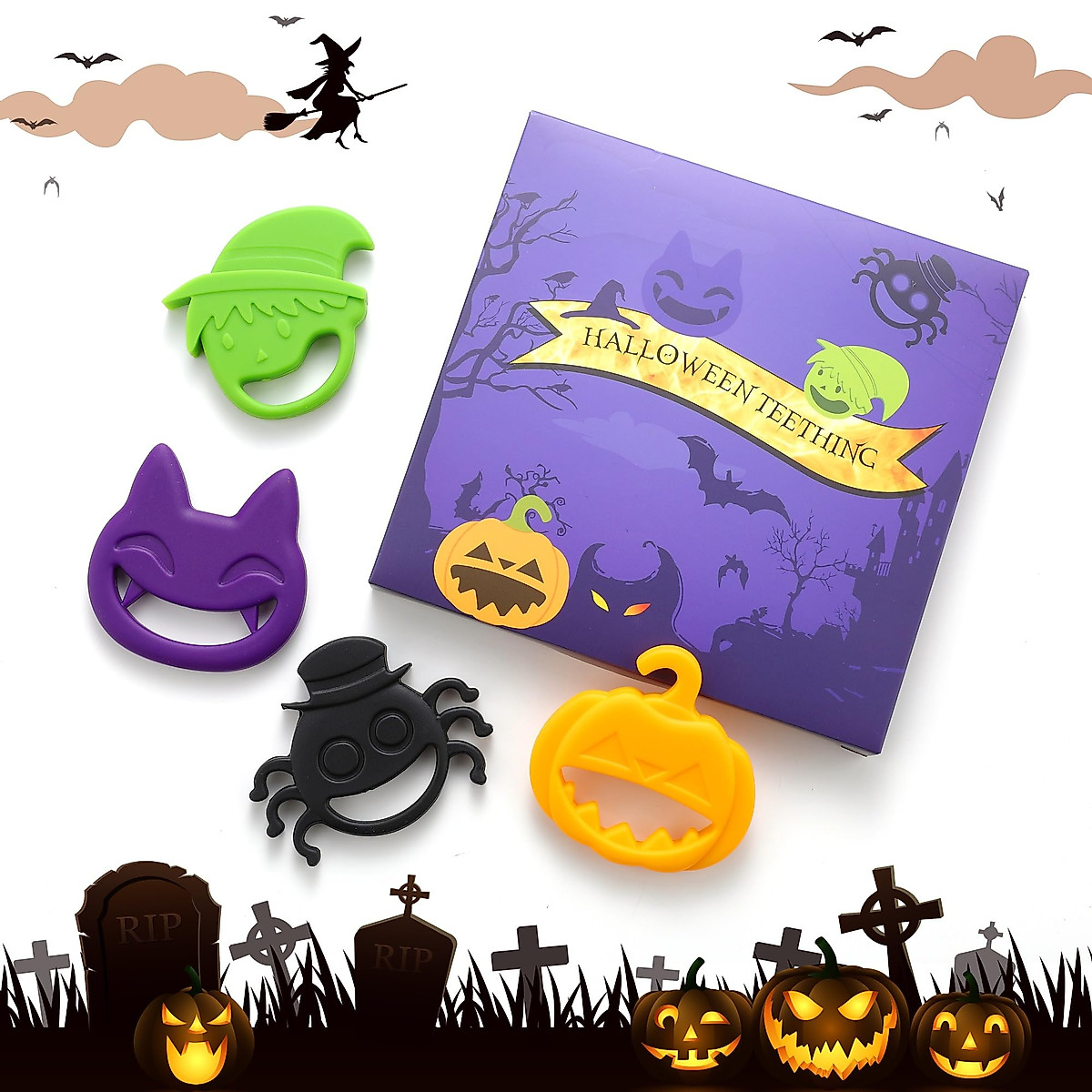 Halloween Teething Toys, Soft Silicone Baby Soothing Teether Chew Toys for Toddlers, Treat or Trick Stocking Stuffers Bags Gifts
