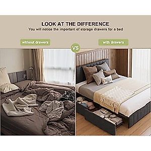 Gizoon Queen Bed Frame with 4 Storage Drawers, Upholstered Platform Bed with Headboard Adjustable, Fits 6” to 12” Mattress, No Box Spring Needed (Dark Grey)