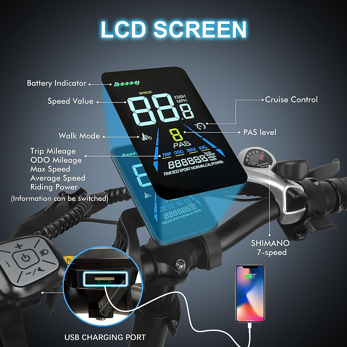 Wildeway FW11 Electric Bike 48V 32Ah Battery 750W 30MPH Folding Electric Bike for Adults, 20'' Fat Tire Mountain Ebike Bicycles, 7-Speed Gears and Dual Shock Absorber, Step-Thru 32AH Grey