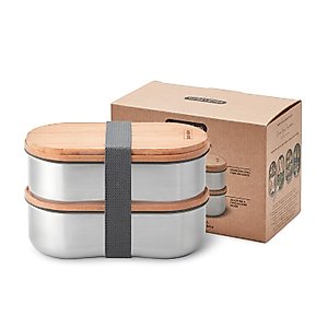BLACK + BLUM Stainless Steel Bento Box | Plastic Free, Leak-Proof, 2-Compartment Lunch Box with Travel Fork and Bamboo Chopping Board Lid for Packing Healthy and Delicious Food | 34 oz / 1000 ml