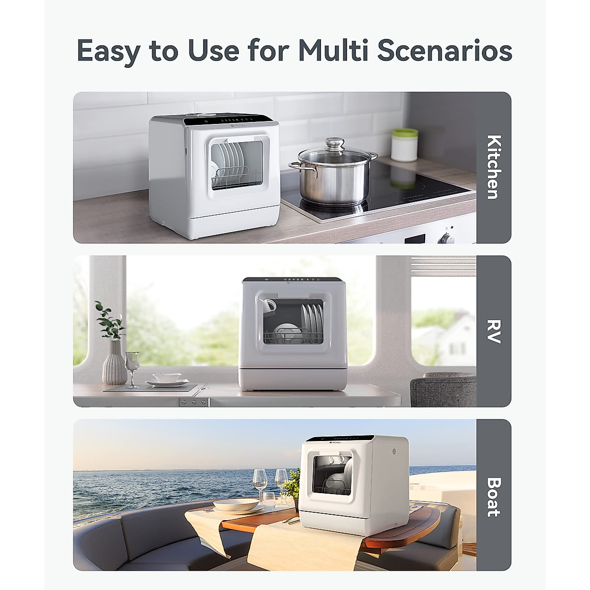 ecozy Portable Dishwasher Countertop, Mini dishwasher with a Built-in 5L Water Tank, No Hookup Needed, 6 Programs, Extra Dry Function for Apartments, Camping and RV, White