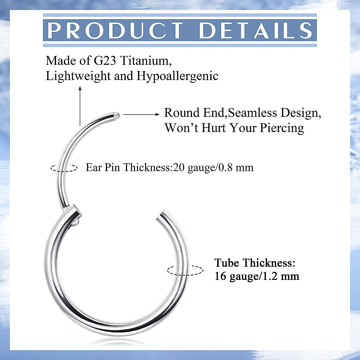 Milacolato G23 Titanium Hoop Earrings for Women Men Hypoallergenic Hinged Huggie Hoop Earrings Cartilage Helix Sleeper Lightweight Small Hoop Earring Silver, 8mm