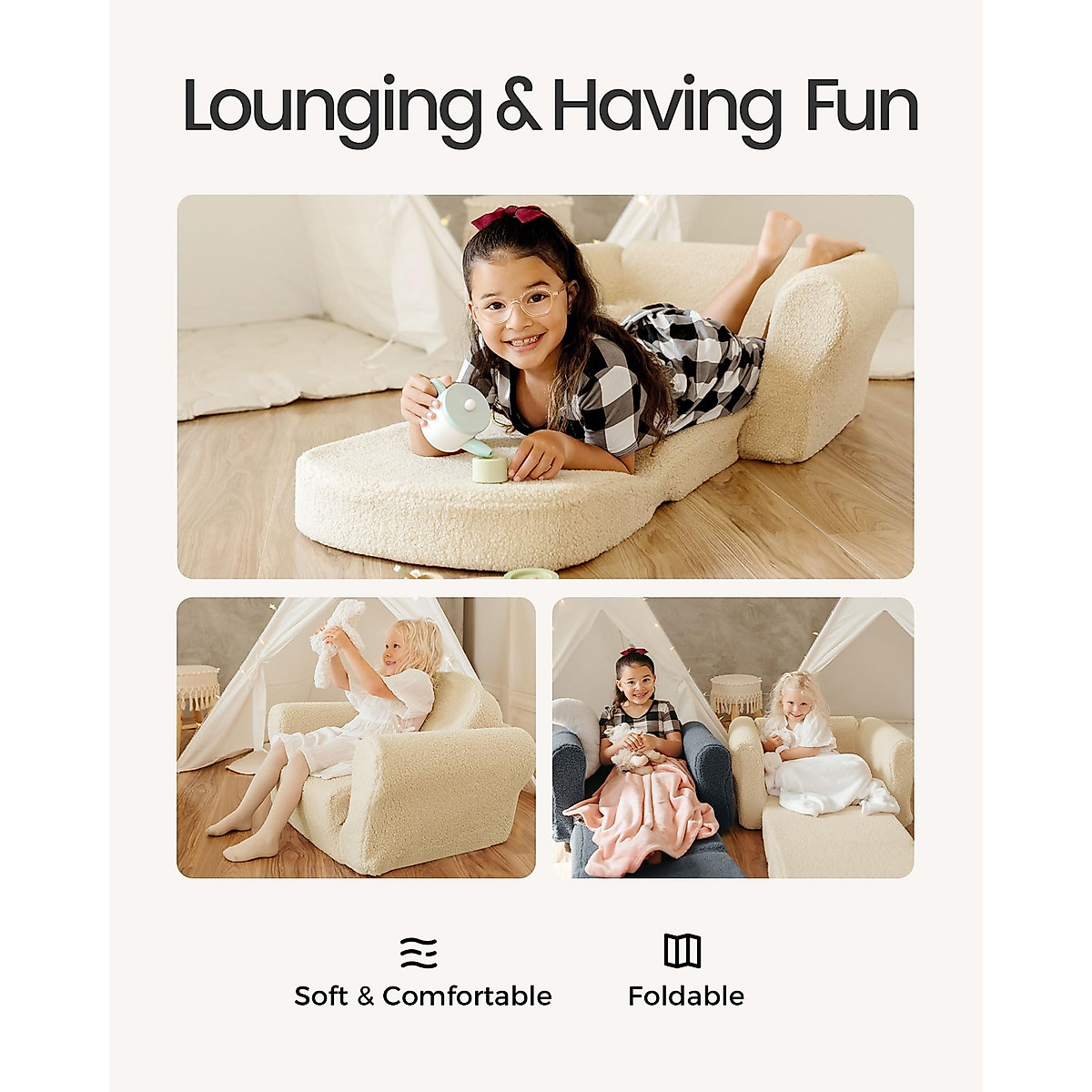 Tiny Land Kids Couch 2-in-1 Foldable Sofa Bed – 3D Teddy Curly with Pockets, Tactile Sensory-Enhancing Lounger for Toddlers, Ideal for Playroom – Afternoon Couch and Chair for Boys and Girls,Cream