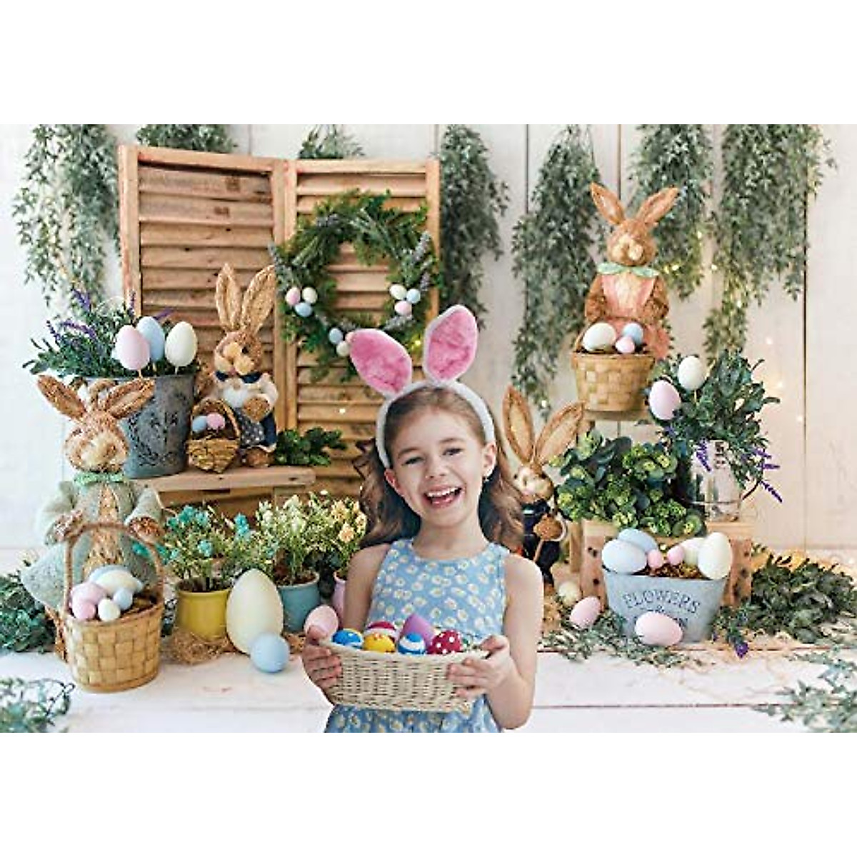 Allenjoy 7x5ft Spring Easter Backdrop Hare Rabbits Colorful Eggs Rustic Wood Floor Photography Background for Kids Children Newborn Baby Shower Birthday Party Decor Banner Portrait Photo Booth Props