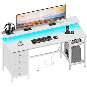 Furologee 61 Inch Desk with 4 Drawers, Computer Desk with Power Outlets and LED Lights, Office Desk with Long Monitor Stand, Large Gaming Desk with Shelf for Home Office/Bedroom/White