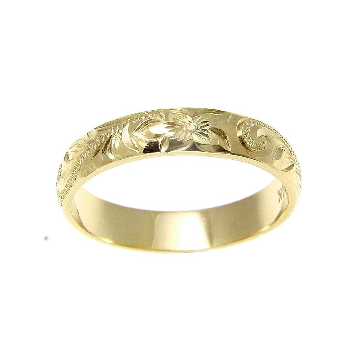 Arthur's Jewelry 14K solid yellow gold custom hand engrave Hawaiian plumeria scroll band ring 4mm size 11