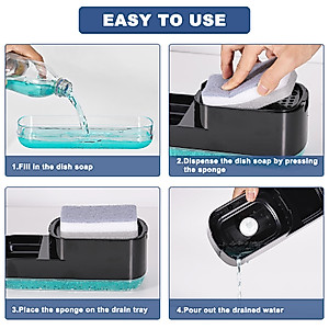 Obsoorth 20 Ounces Dish Soap Dispenser for Kitchen Sink with Sponge Holder 3 in 1 Easy Refill Dishwashing Caddy Liquid Detergent Pump Organizer on Bathroom Counter, Black