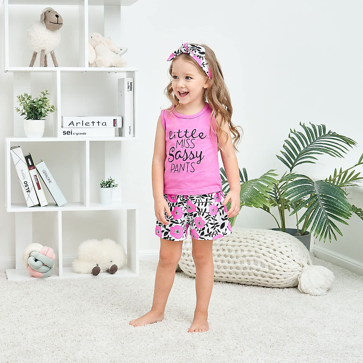 Hipea Toddler Girl Outfits Flower Tops Sleeveless Vest Shorts Headband Summer Clothes Set(3-4T)