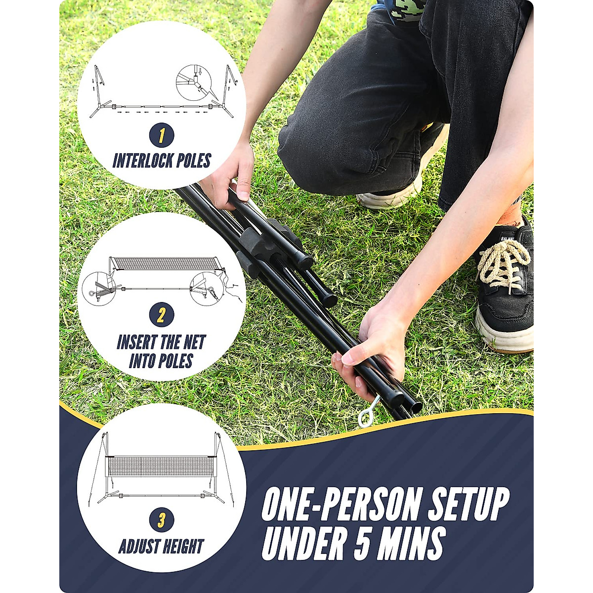 Patiassy 5.1ft-7.4ft Adjustable Height Volleyball Badminton Net Set 17ft Portable Sports Net with Poles, 4 Badminton Rackets, 3 Shuttlecocks and 1 Volleyball for Indoor Outdoor