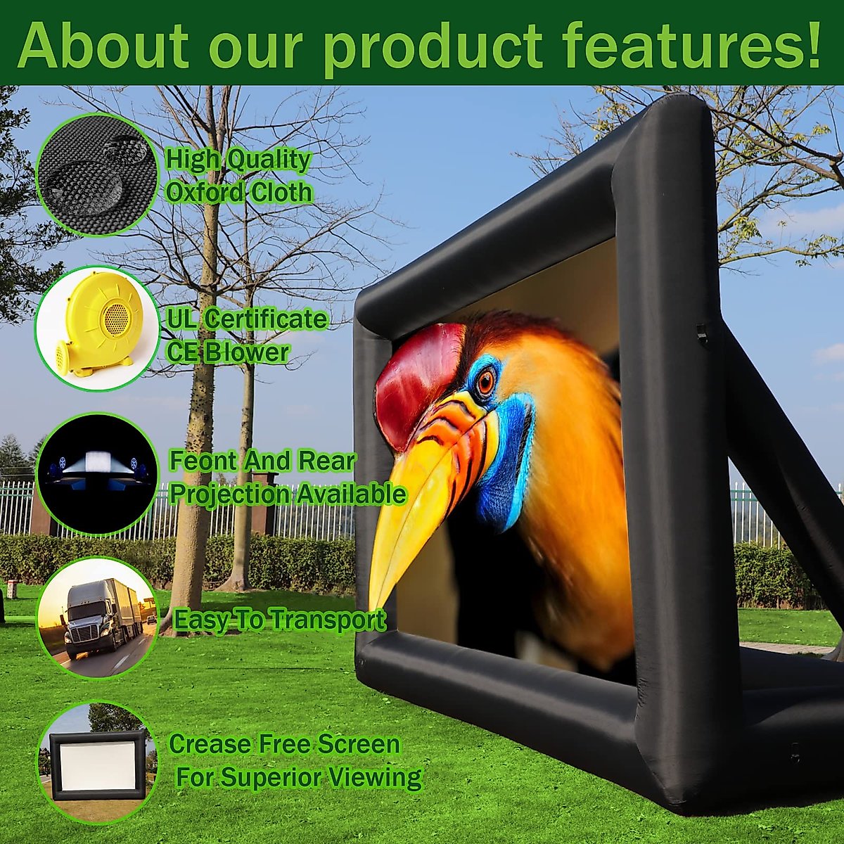 staelea 21ft Inflatable Projector Movie Screen for Outside and Indoor Theater Projector Screen，Supports Front and Rear Projection，Includes a Powerful Fan, Strapping, Repair Kit and Storage Bag