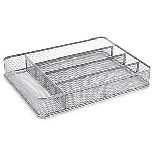 TQVAI Mesh Cutlery Tray 5 Compartments Kitchen Silverware Holder Utensil Flatware Organizer, Silver