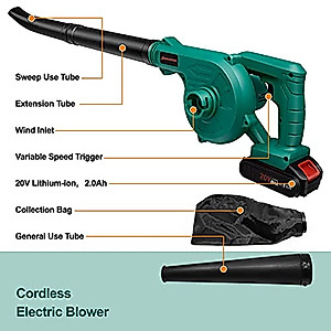Kinswood 20V 2.0A Batteries Cordless Lithium-ion 12-in-1 Blower Vacuum for Blowing Leaves, Vacuuming Dusts