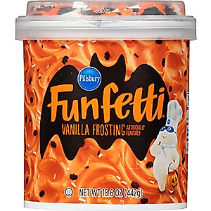 Pillsbury Funfetti Halloween Bundle, 2 Cake Mixes with Candy Bits, 1 of each Frosting with Sprinkles, Black Chocolate and Orange Vanilla (Pack of 4) with By The Cup Spreader