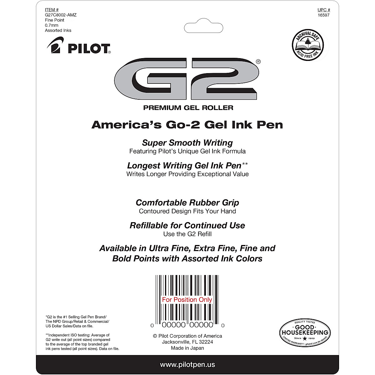 Pilot, G2 Premium Gel Roller Pens, Fine Point 0.7 mm, Blue, Black, Pack of 8