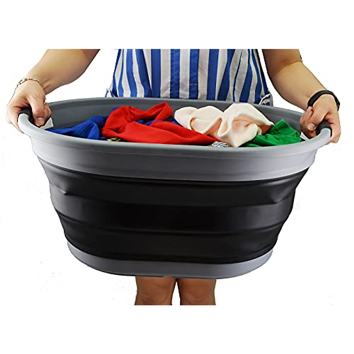 SAMMART 28L (7.4 gallon) Collapsible Plastic Laundry Basket-Oval Tub/Basket - Portable Washing Tub-Space Saving Laundry Hamper, Water capacity: 22L (5.8 gallon) (1, Dark Grey/Black)