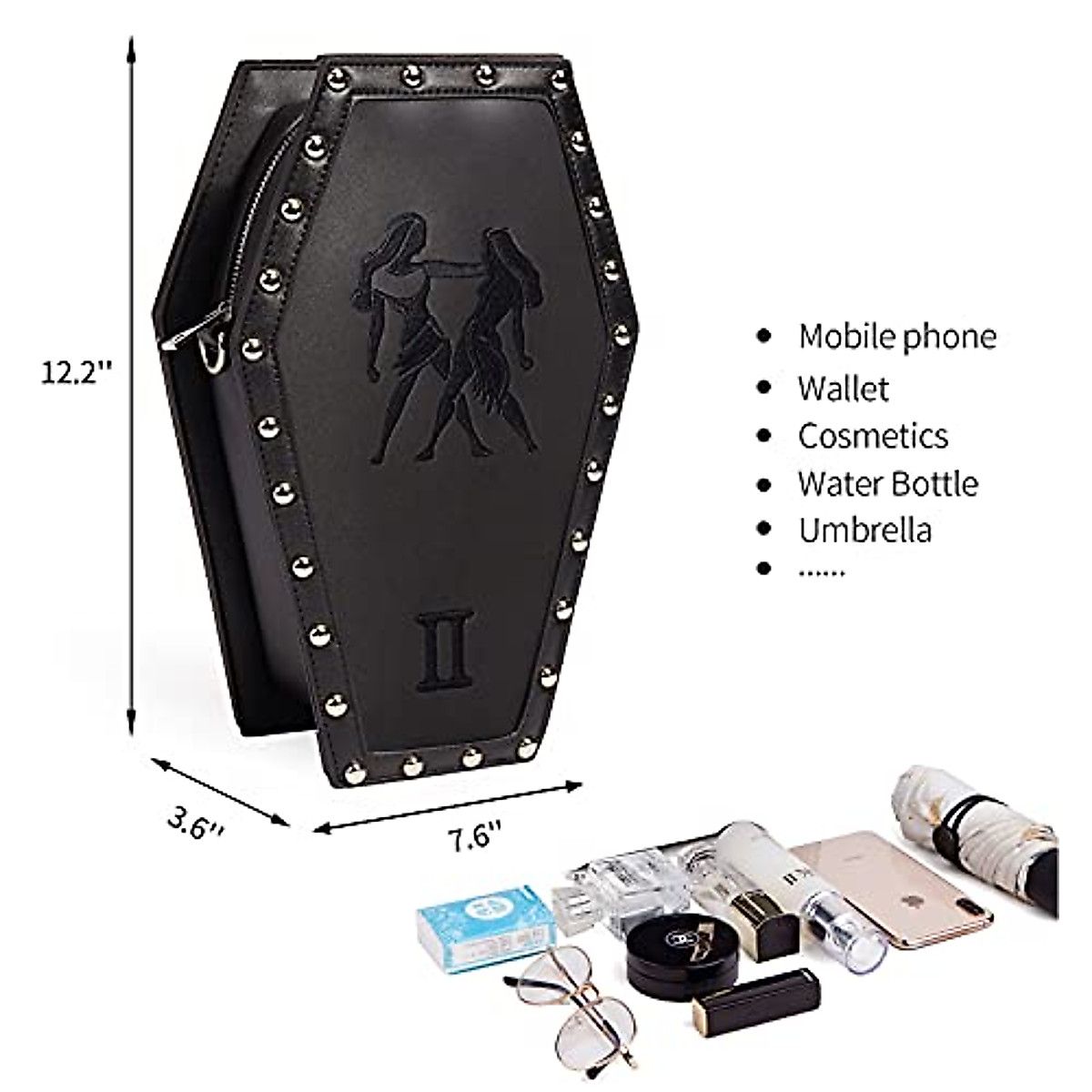 CHUANG CHEN 12 Constellation Coffin Bag Gothic Backpack with Exquisite Embroidery Pattern Small Backpack