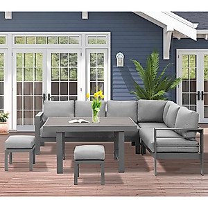 Wisteria Lane Aluminum Outdoor Patio Furniture Set, Metal Outside Patio Furniture Conversation Sets with Dining Table&2 Ottomans, Sectional Sofa Couch Seating Set with Cushion for Backyard