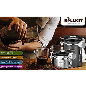 RollKit Coffee Canister Airtight Storage Containers for Beans Grounds, Stainless Steel Flavor-Saving Holder for Tea Jar w/Date Tracker, CO2 Release Valve, Airtight Lid, Scoop - Medium 16oz, Gray