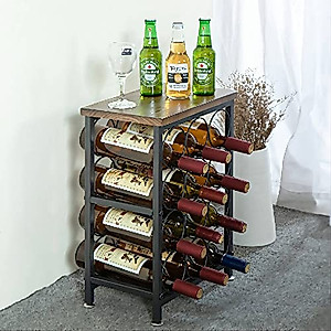 Fhesap Rustic 12 Bottles Wine Holder Rack Tabletop Wine Racks Countertop Wine Bottles Organizer Stand Tabletop Liquor Storage Shelf Wood & Iron, Small Bar Rack, 14.17L x 8.66W x 19.68H inches