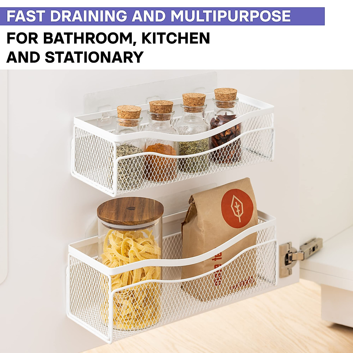 KINCMAX Mesh Shower Caddy (2-Pack), Rustproof Stainless Steel, Adhesive Wall Mount Baskets with Hooks, Mesh Design (Matta White)