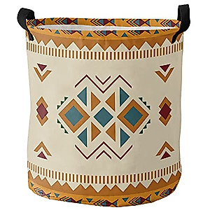 Southwest Large Laundry Basket, Waterproof Laundry Hamper for Baby Clothes, Western Orange Blue Geometric Ethnic Classic Art Foldable Laundry Baskets with Handles, 13.8''x17''