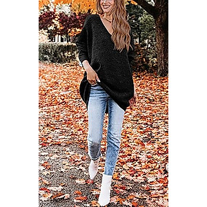 PRETTYGARDEN Women's Pullover Sweater Dress Casual Long Sleeve Ribbed Knit V Neck Loose Oversized Sweaters Dresses (Black,Large)