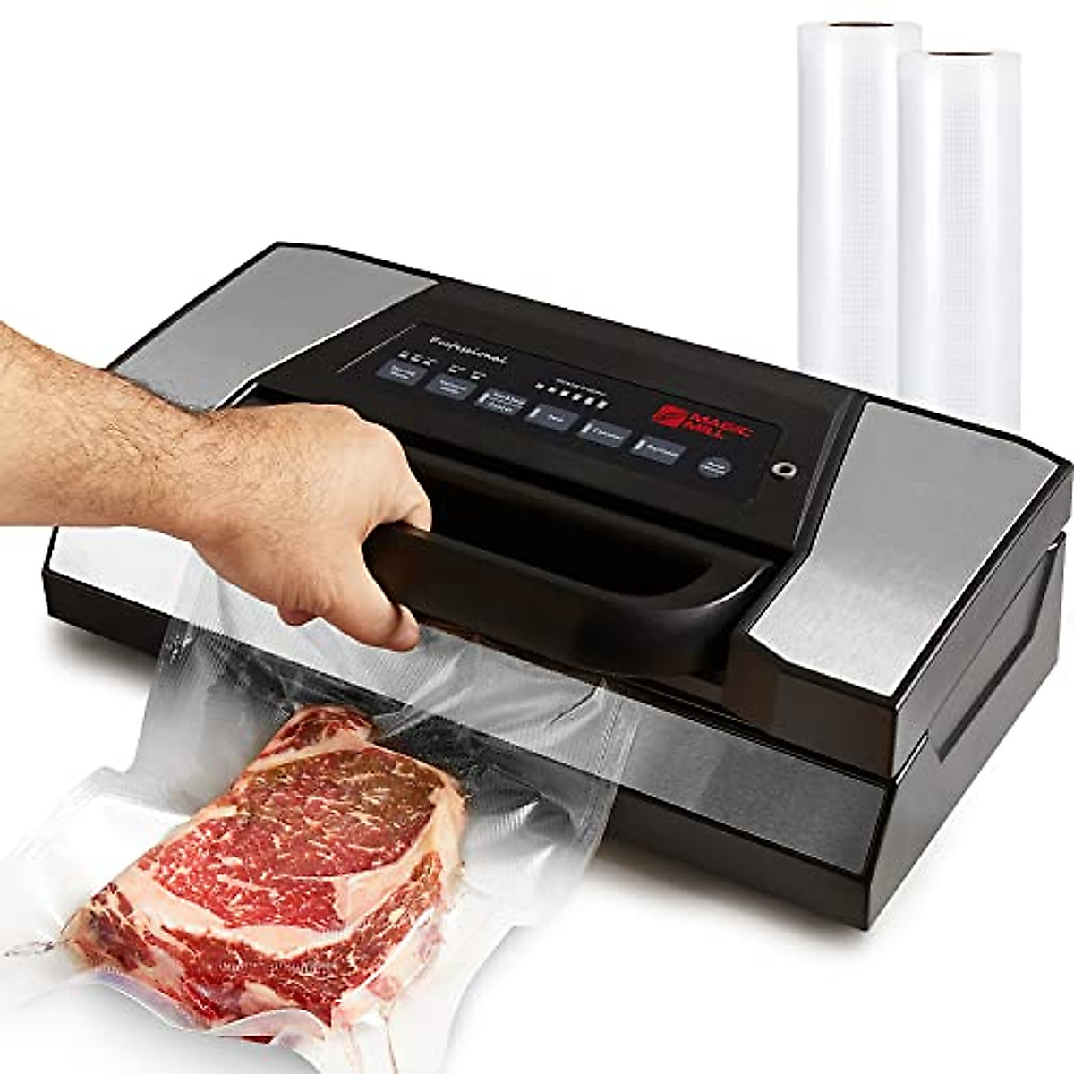 Magic Mill Professional Vacuum Sealer Machine Pro With New Patent Handle MVS-5181 for Food Bags, Marinate Bowls, and Meal Packing Cannister | Vacuum Sealer with Cutter and Jar Attachment | Manual and Automatic Bag Sealer with 2 Pressure Settings