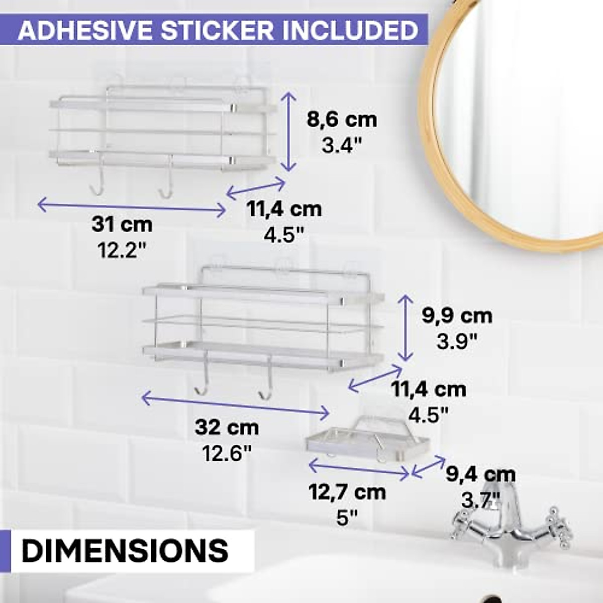 KINCMAX Shower Caddy and Soap Holder, Rustproof SUS304 Stainless Steel, Adhesive Wall Mount Double Baskets 2-pack with Hooks (Polished Silver)