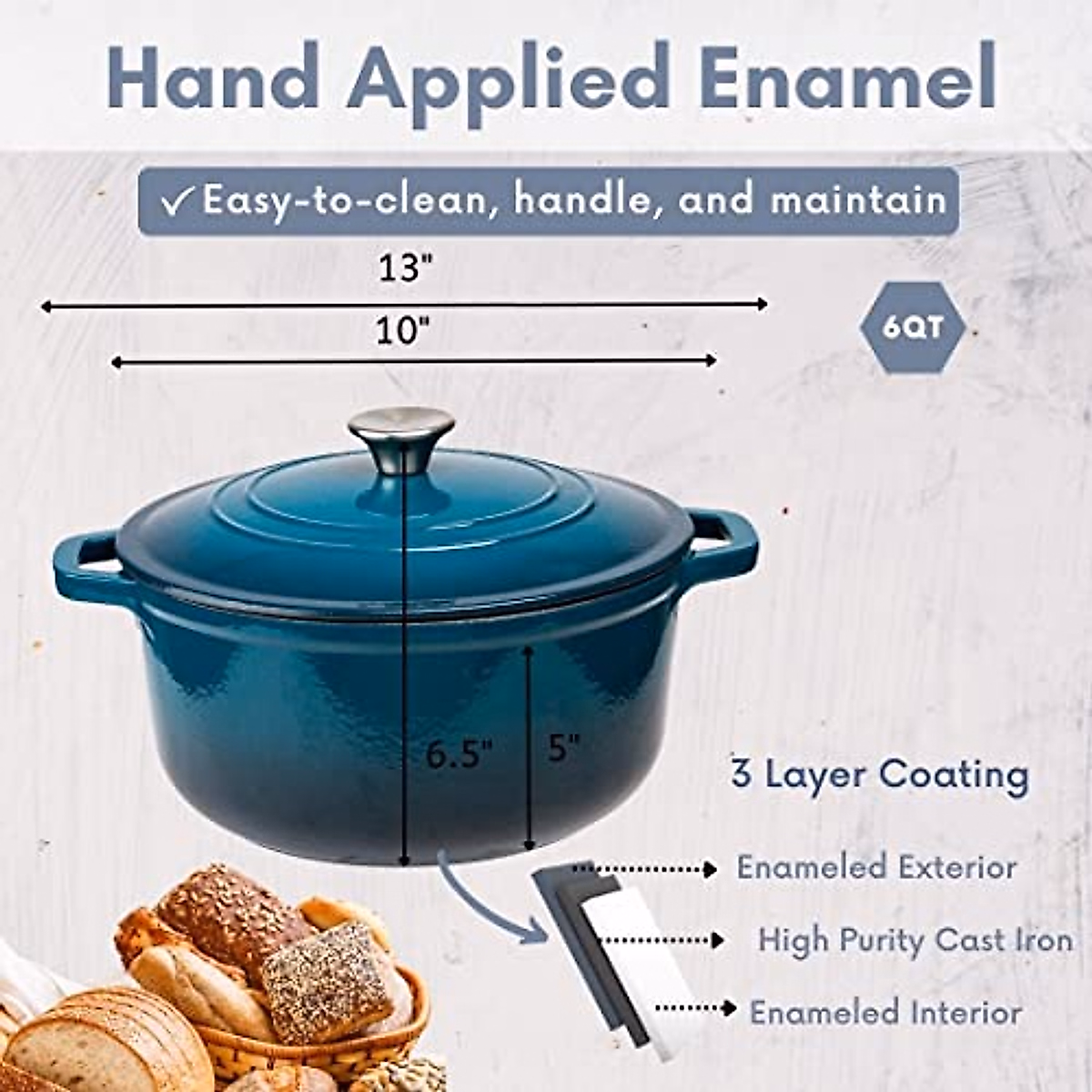 Lexi Home Enameled 6 Qt. Cast Iron Dutch Oven - Blue