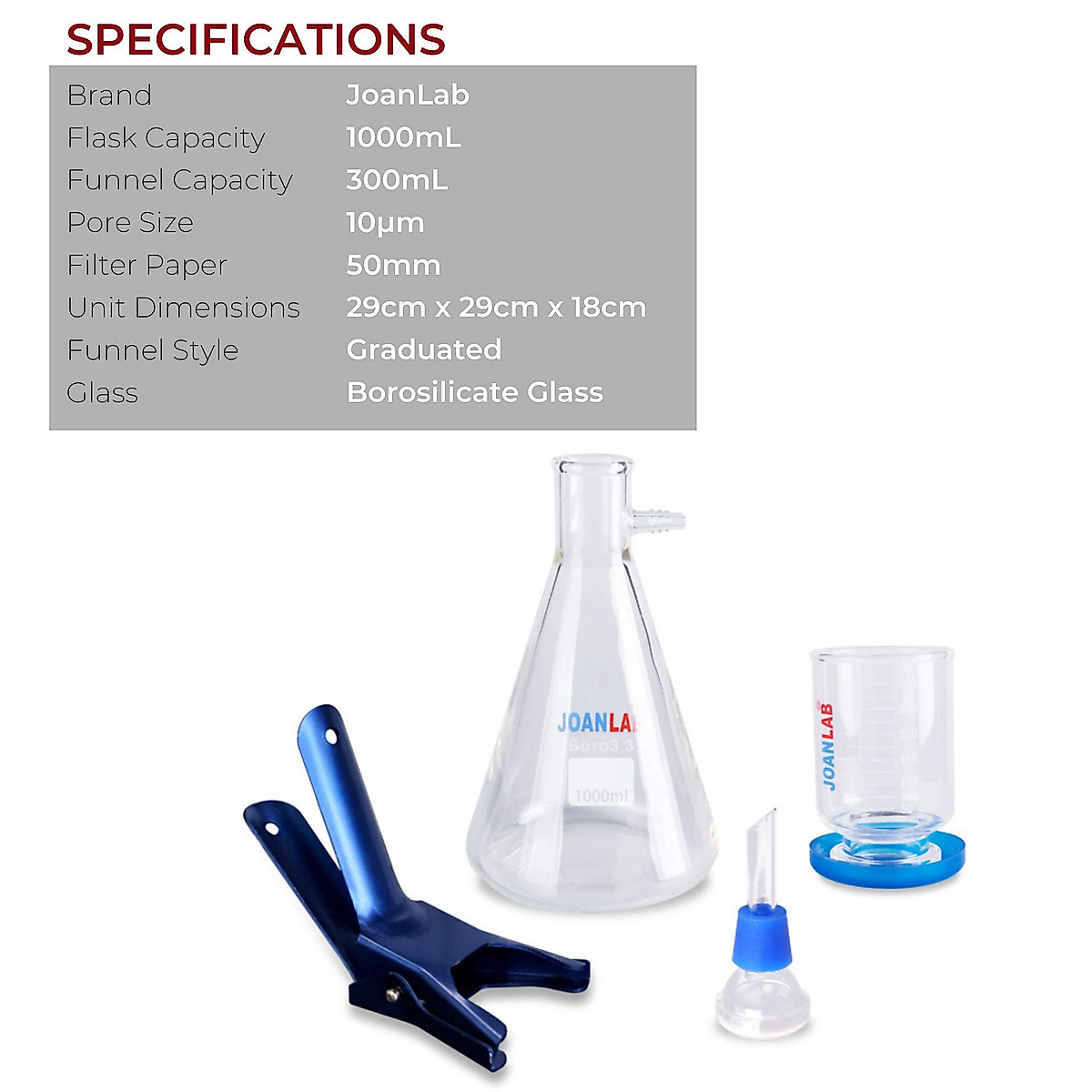 1000mL Lab Vacuum Filtration Apparatus, Flask to Filter Solutions, Oils, E-Liquids, and More, 1000mL Filtering Flask and 300mL Graduated Funnel, Glass Suction Filtering Kit.