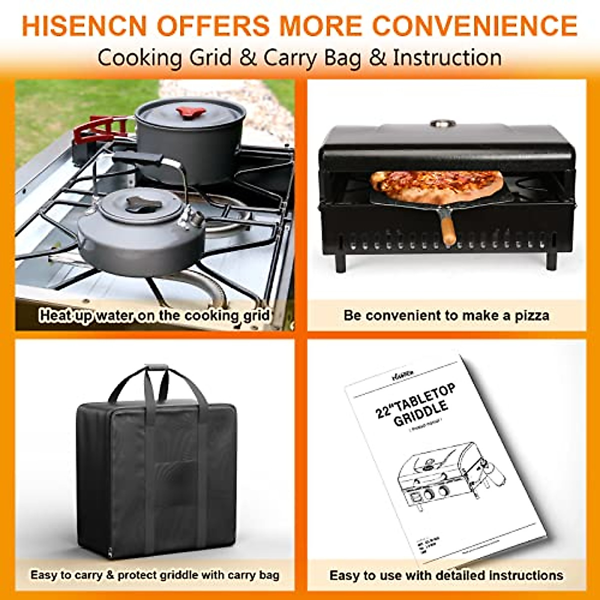 Hisencn Portable Flat Top Grill Propane Gas Grill for Outdoor, Camping, Tabletop, Kitchen, Tailgating, RV - 348 sq. in. Heavy Duty & 24000 BTUs Griddle for BBQ Grill, 22 Inch with Hood, with Carry Bag