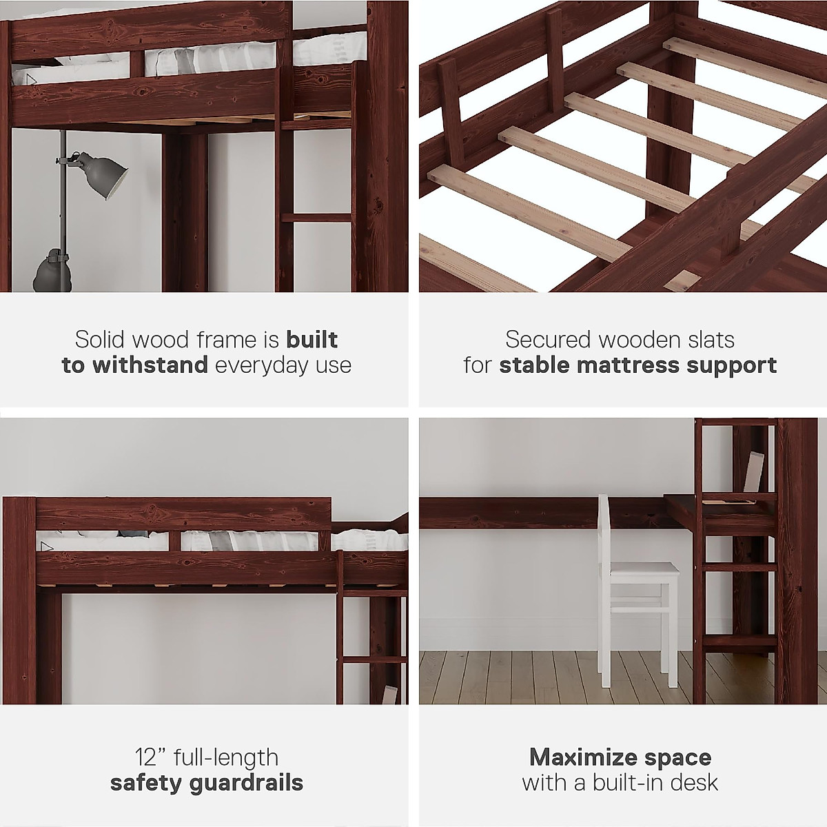 DHP Jaymee Kids Wood Loft Bed with Desk, Twin, Nutmeg