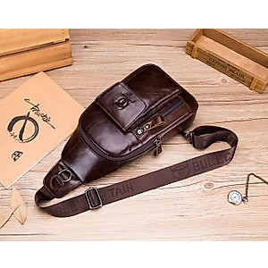 BULLCAPTAIN Genuine Leather Men Sling Bag Travel Crossbody Chest Bag Large Capacity Casual Hiking Daypack (Brown)