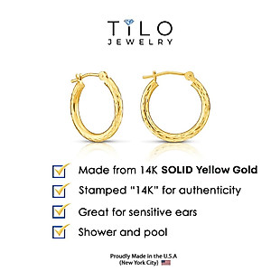 14K Yellow Gold 2mm Tube Polished Round Hoop Earrings, 11MM, Classic and Shiny (Diamond-cut Hoops)