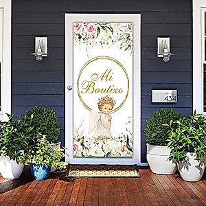Mi Bautizo Door Banner Decor SuppliesFirst Holy Communion Christening Banner Baptism Photo Backdrops Baby Shower Door Banner Cake Table Banner 72.8 x35.4in Outdoor & Indoor Hanging Banner