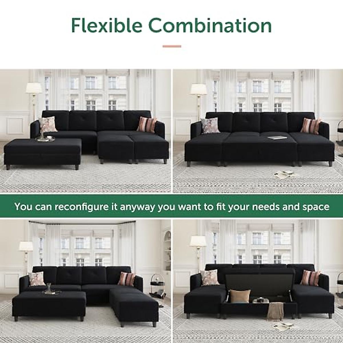 HONBAY Sleeper Sectional Sofa Set Velvet U Shaped Couch with Storage Ottoman 4-Seat Sectional Sofa Set for Living Room, Black