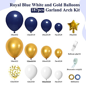 187pcs Navy Blue and Gold Balloons Arch Garland Kit, 5 10 12 18 inch Royal Blue Gold White Balloons with Gold Star Foil Balloons for Anniversary Wedding New Year Birthday Party Decorations
