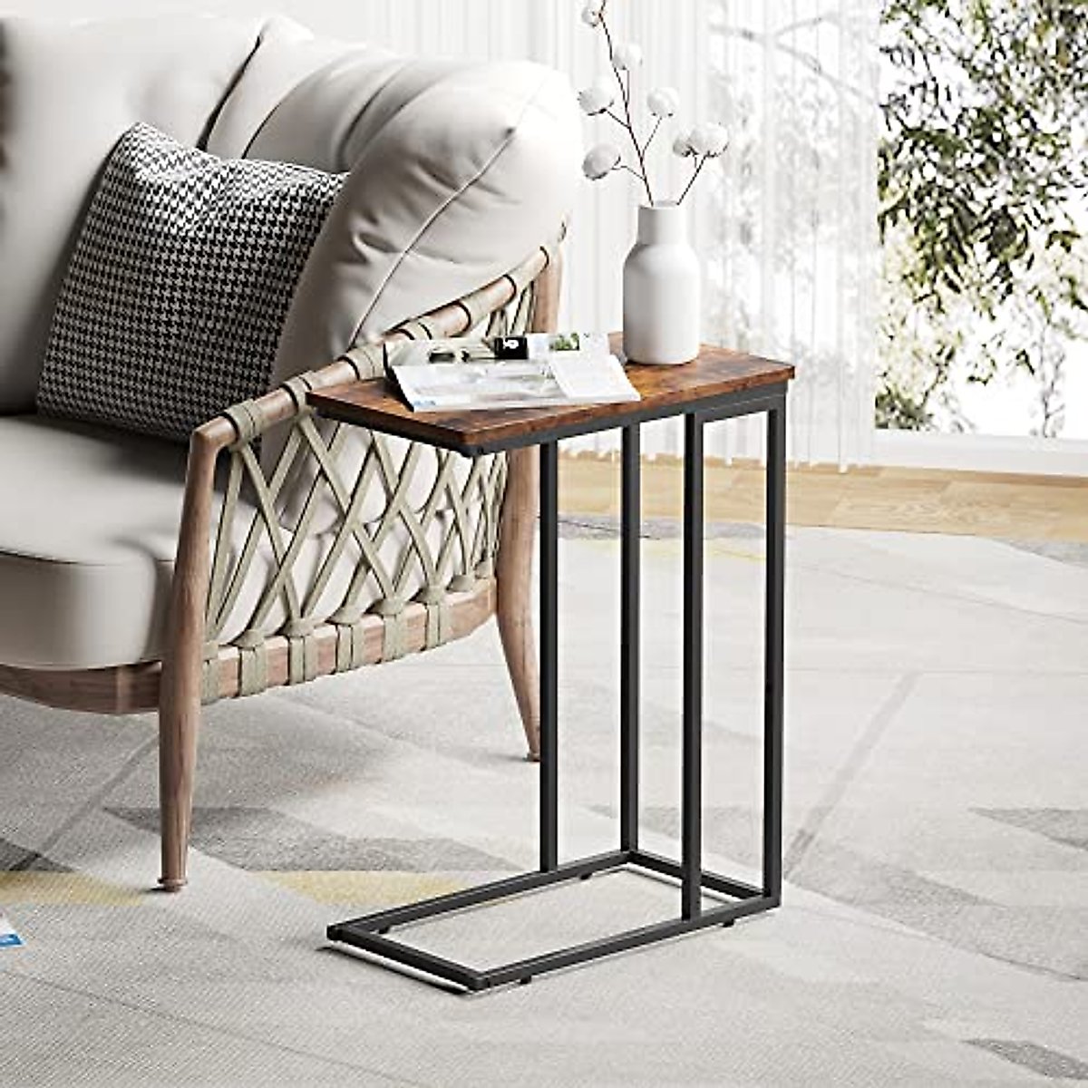 Yusong Small C Shaped End Table, Slim Couch Side Tables Slide Under Sofa Bed, Skinny Snack Tray Table for Coffee Laptop in Living Room,Easy Assembly, Rustic Brown