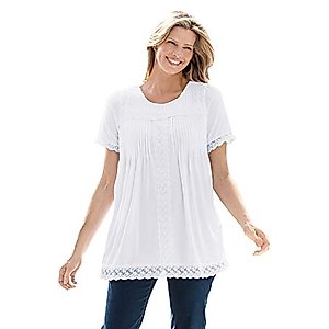 Woman Within Women's Plus Size Lace-Trim Pintucked Tunic - 2X, White