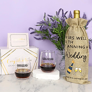 Engagement Gifts for Couples, Wine Coffee Glass Engaged Gift Set with Wine Bag for Women his and her him Fiance Fiancee Friend Girlfriend Boyfriend Newlywed, Bride and Groom to be, Bridal Shower Gift
