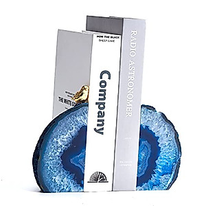 Yougoals Blue Agate Bookends for Shelves, Geode Crystal Book Ends for Heavy Books, Stone Decor with Rubber Bumpers 1 Pair 3-3.8LBS Home Decorative Unique