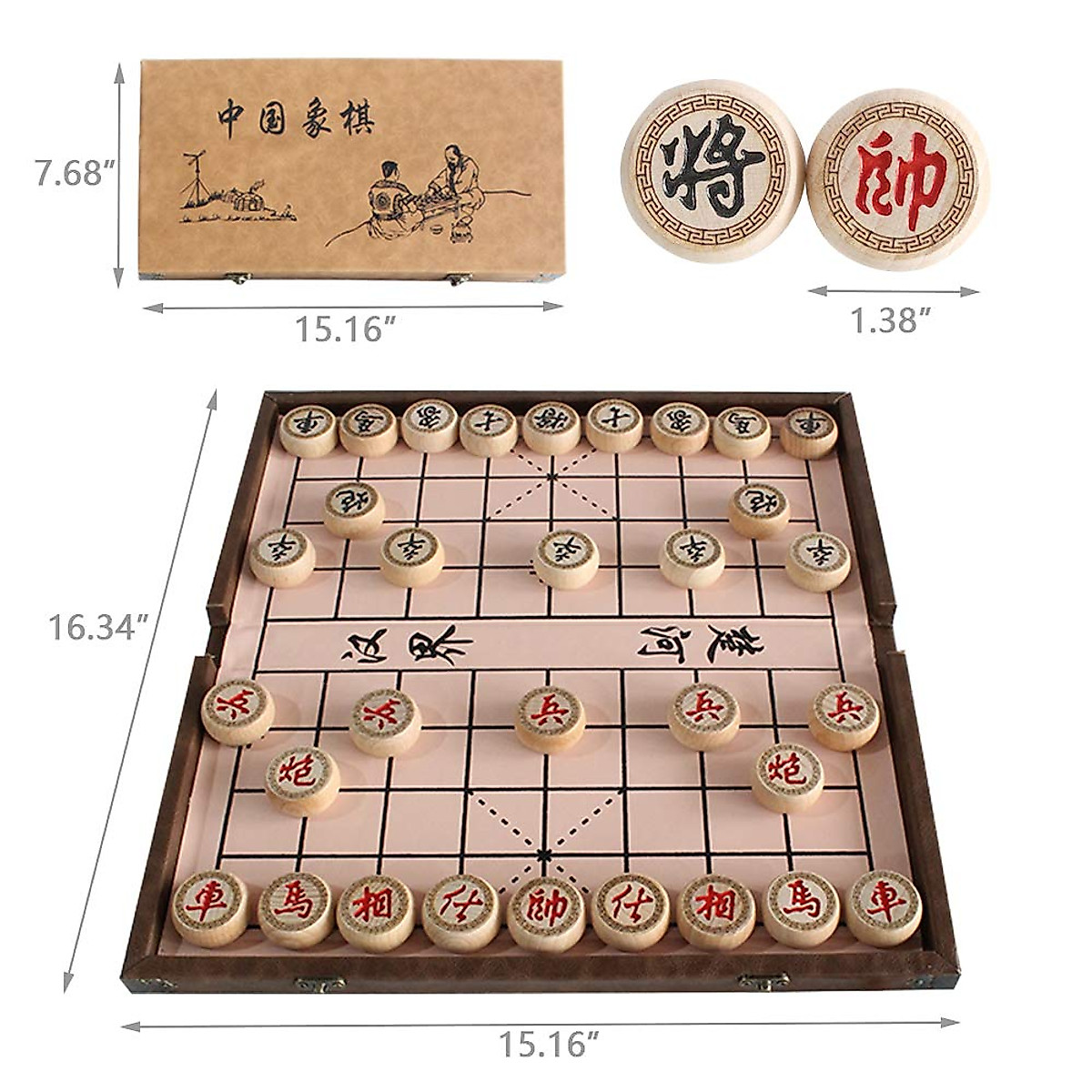 Luoyer 15 inch Chinese Chess Set with PU Leather Foldable Board Xiangqi Portable Chinese Chess Game Set Strategy Xiang Qi Board Games for 2 Players for Teens Adults Family