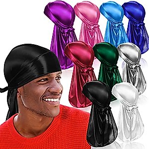 ASKNOTO 9 Pcs Silky Durag with Long Tail for Men, Pack Durags Do rags for 360 Waves