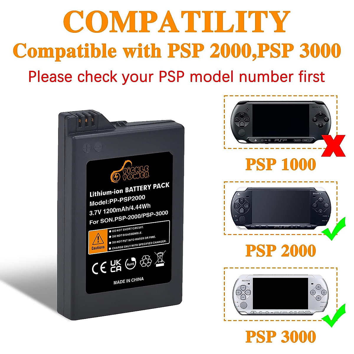 Pickle Power PSP 3001 Battery and LED Display Charger for Sony PSP 2000/3000 PSP-S110 Console, PSP-3001 PSP-3002 PSP-3000 PSP-3004 PSP-2001 PSP-2002 PSP-2003,PSP Lite, PSP Slim