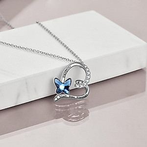 POPLYKE Daughter Necklace Gifts for Daughter Birthday from Mom Dad Sterling Silver with Blue Butterfly Crystal Heart Necklace, Christmas Valentine's Gifts for Women Girls (silver-daughter)