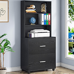 Tribesigns Vertical File Cabinet Modern Wood Filing Cabinet with 2 Large Drawer fit Letter/A4 Size, Large Printer Stand with 4 Open Storage Bookshelves for Home Office, Black