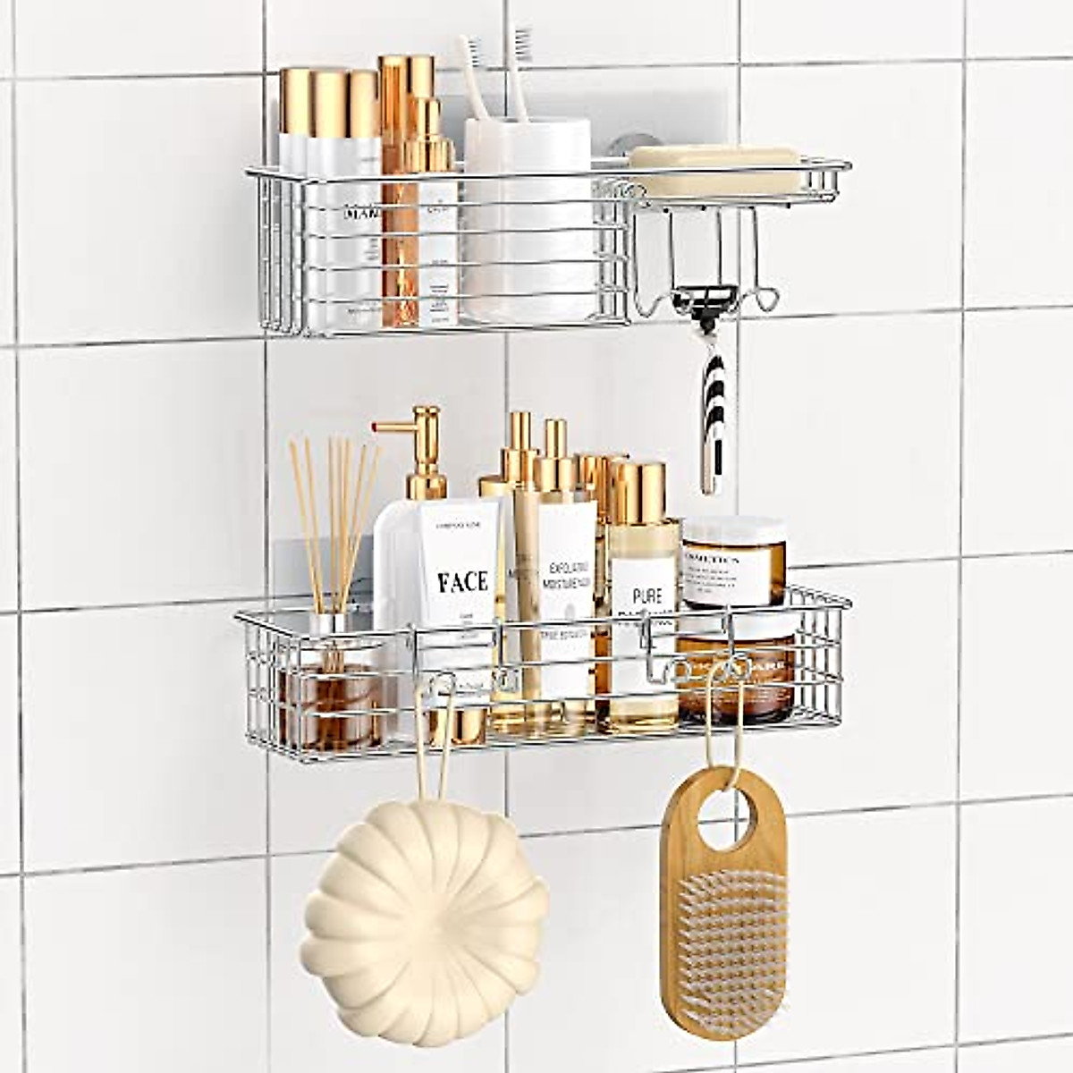 SMARTAKE 2-Pack Shower Caddy, Combined Bathroom Shelf with Soap Dish and Hooks for Hanging Razor Brush Sponge, Wall Mounted Rustproof Basket with Adhesive, No Drilling, 304 Stainless Steel, Silver