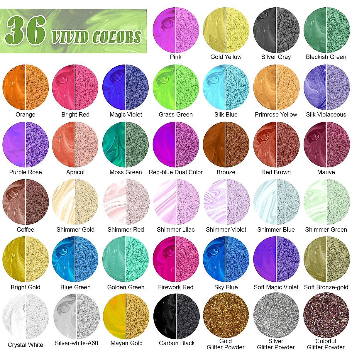 CHANGTIKEJI Mica Powder，36 Colors - 10g/Bottle of Natural Pigment Powder for Epoxy Resin，Soap Making，Candle Making,Lip Gloss,Car Freshies,Dye,Nail Polish,Bath Bombs