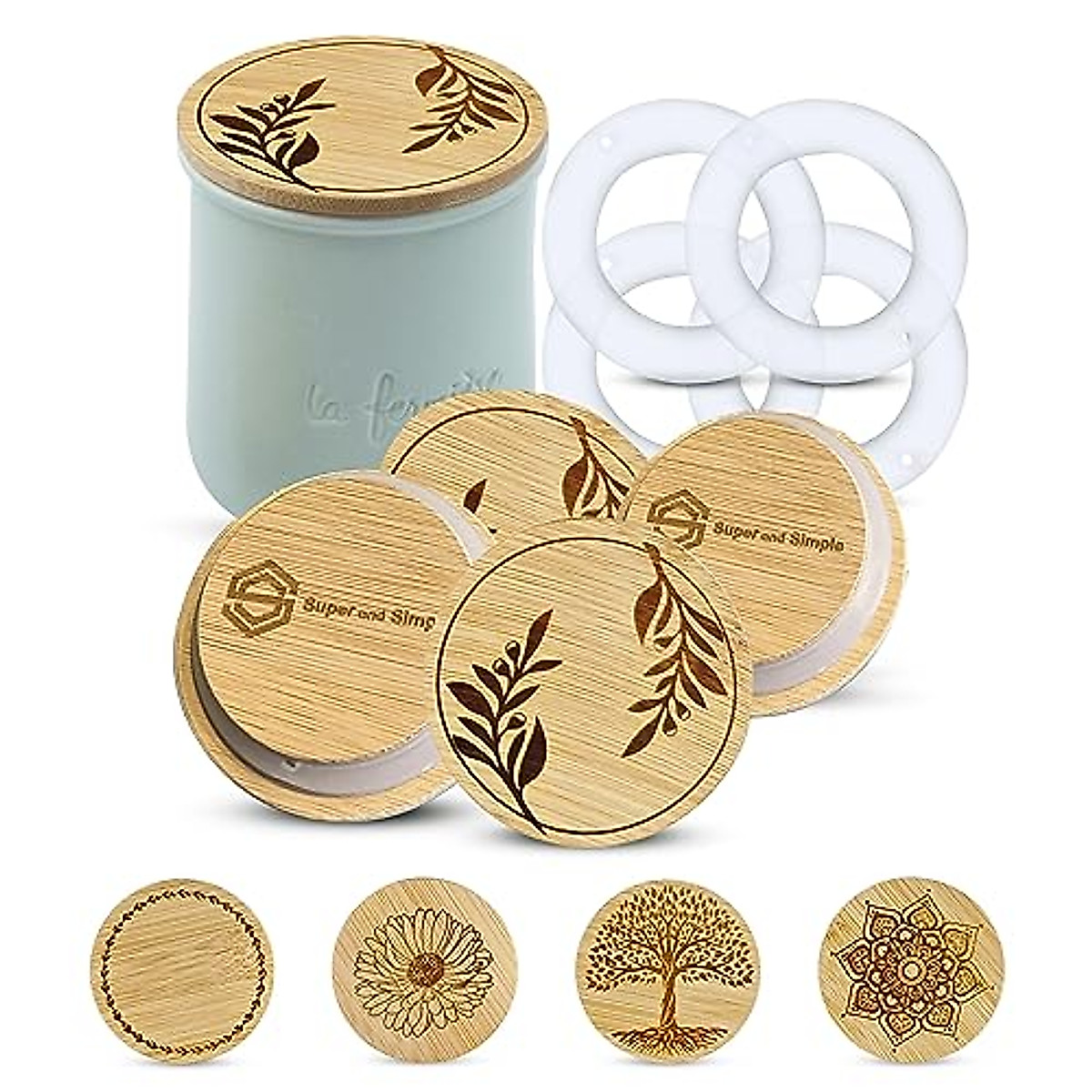 La Fermiere Yogurt Jar Tops – Olive Branches Design or Choose a Design – 4-pcs Wood Lids Set With Extra Silicone Sealing Rings - Perfectly Airtight Fit